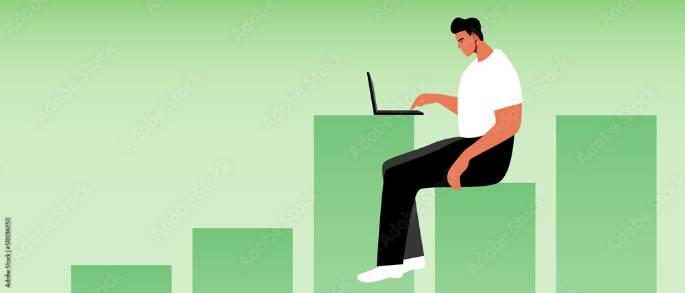 Trader with laptop on Stock Market and Exchange, flat vector stock ...