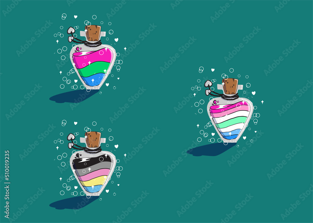 set of elixir, potion bottle designs of LGBTQ poly pride flags ...