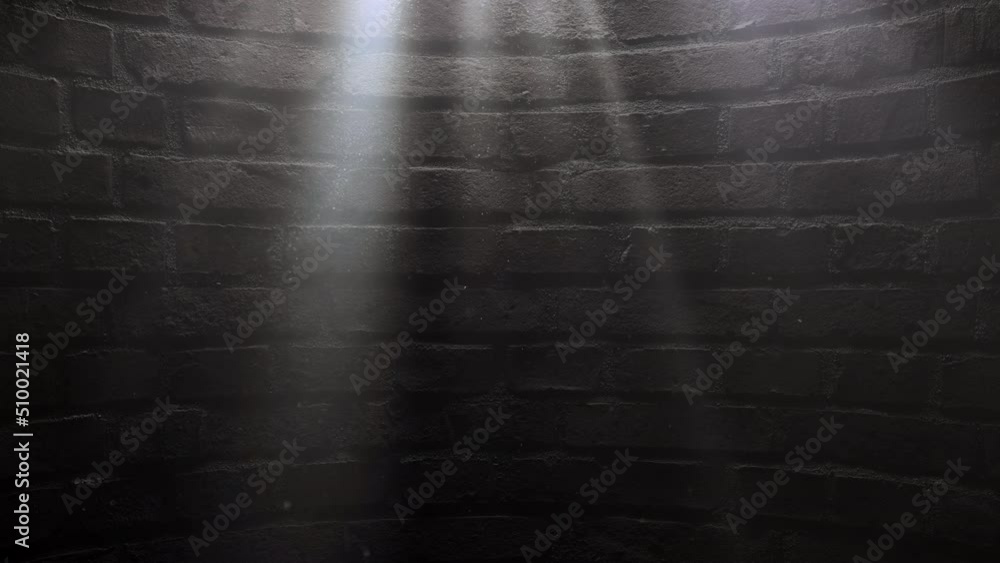 Sunbeams on cellar brick wall, dust particles flying in the air. Rays ...