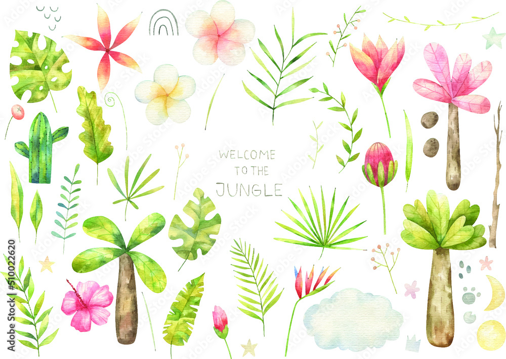 watercolor clipart with tropical leaves and flowers, clouds and sky ...