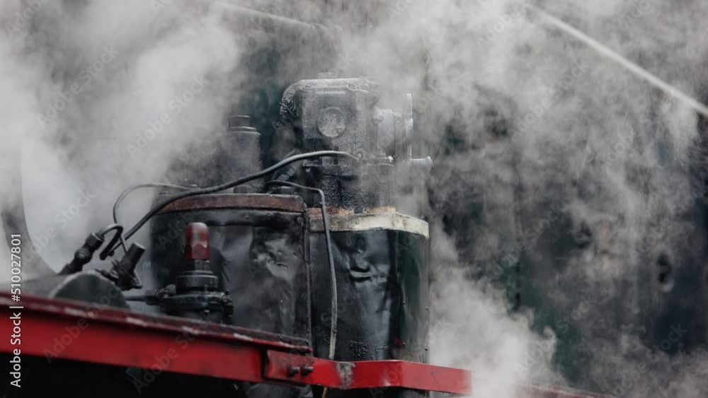 Vintage steam train locomotive. Pair locomotive train leaking smoke ...