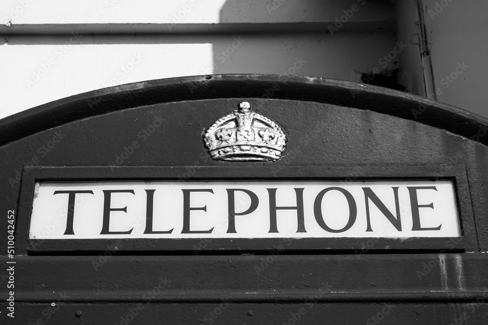Vintage style phone booth sign. Classic English phone box. Black and ...