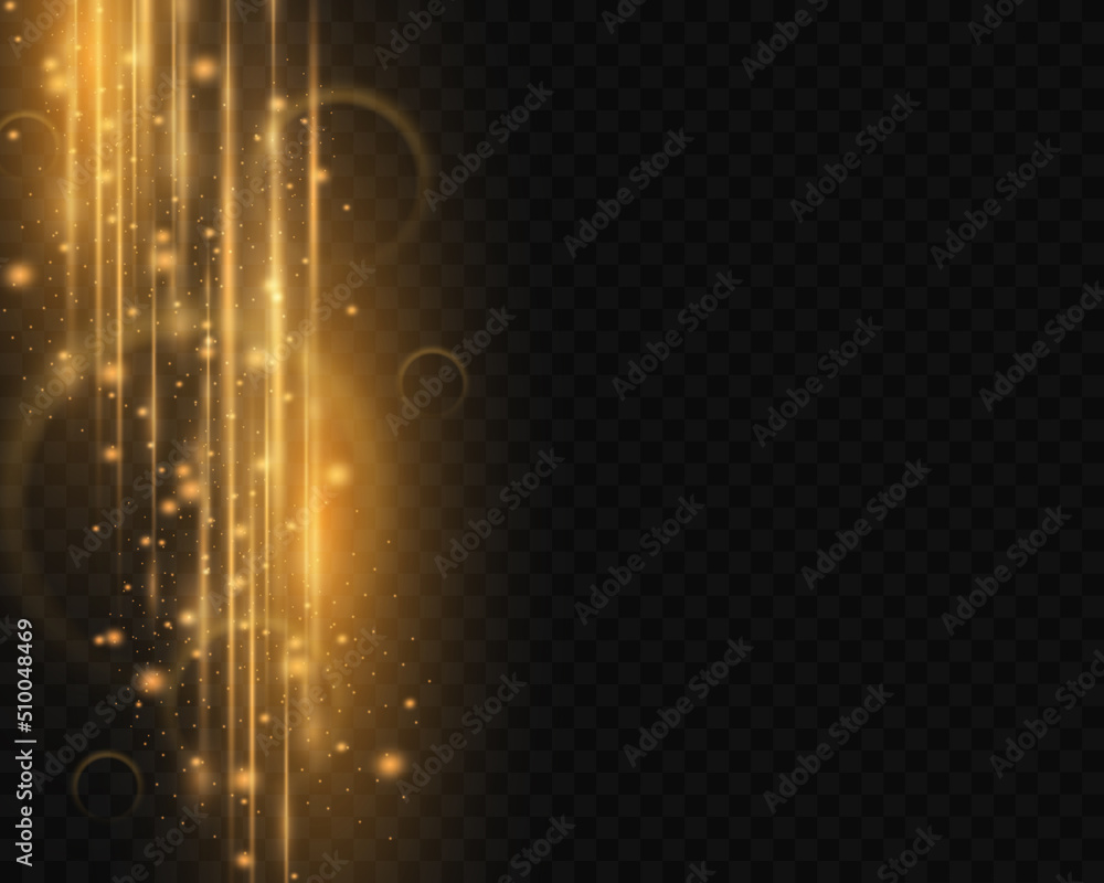 Golden neon lines, beautiful rays, explosion of stars, dust on a ...