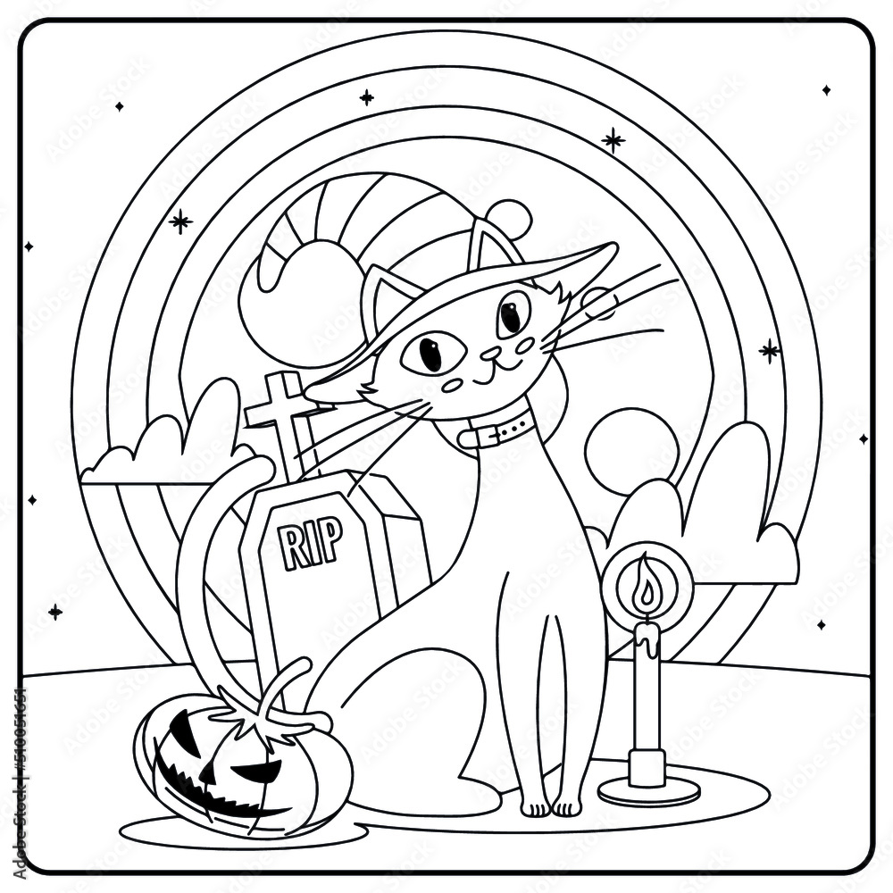Halloween Cat Coloring Pages for kids Stock Vector | Adobe Stock