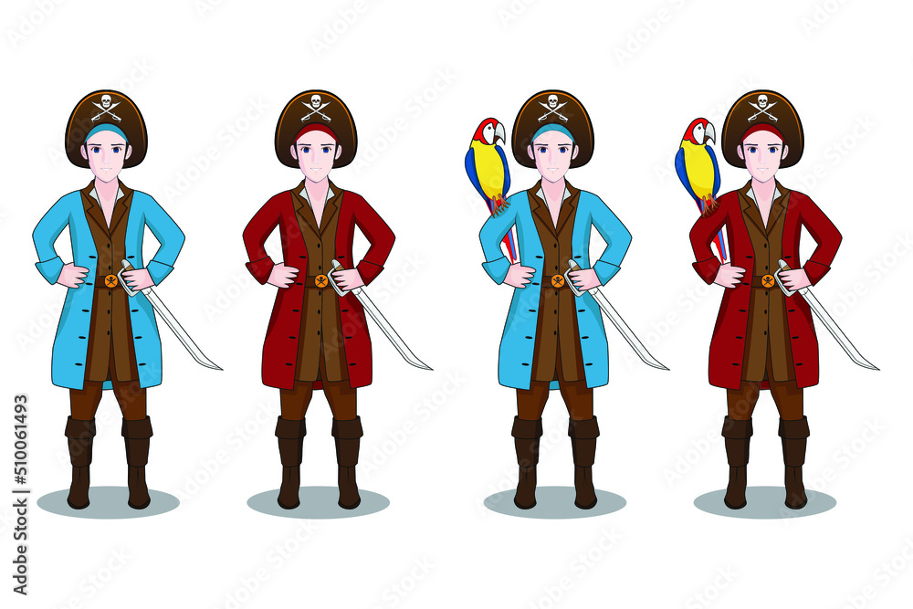 Smiling smart young pirate captain dress in or costume in uniform with ...