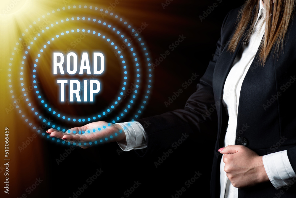 Text caption presenting Road Trip. Business showcase Roaming around ...