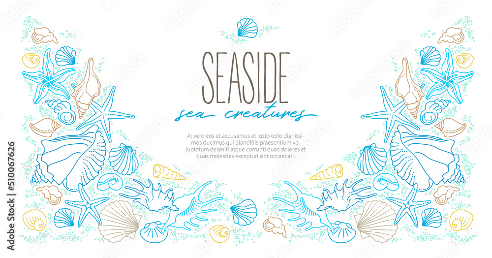 Vector frame, border of line art tropical sea elements, seashells ...