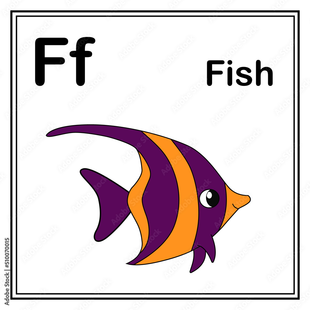 Cute children ABC animal alphabet F letter flashcard of Fish for kids ...