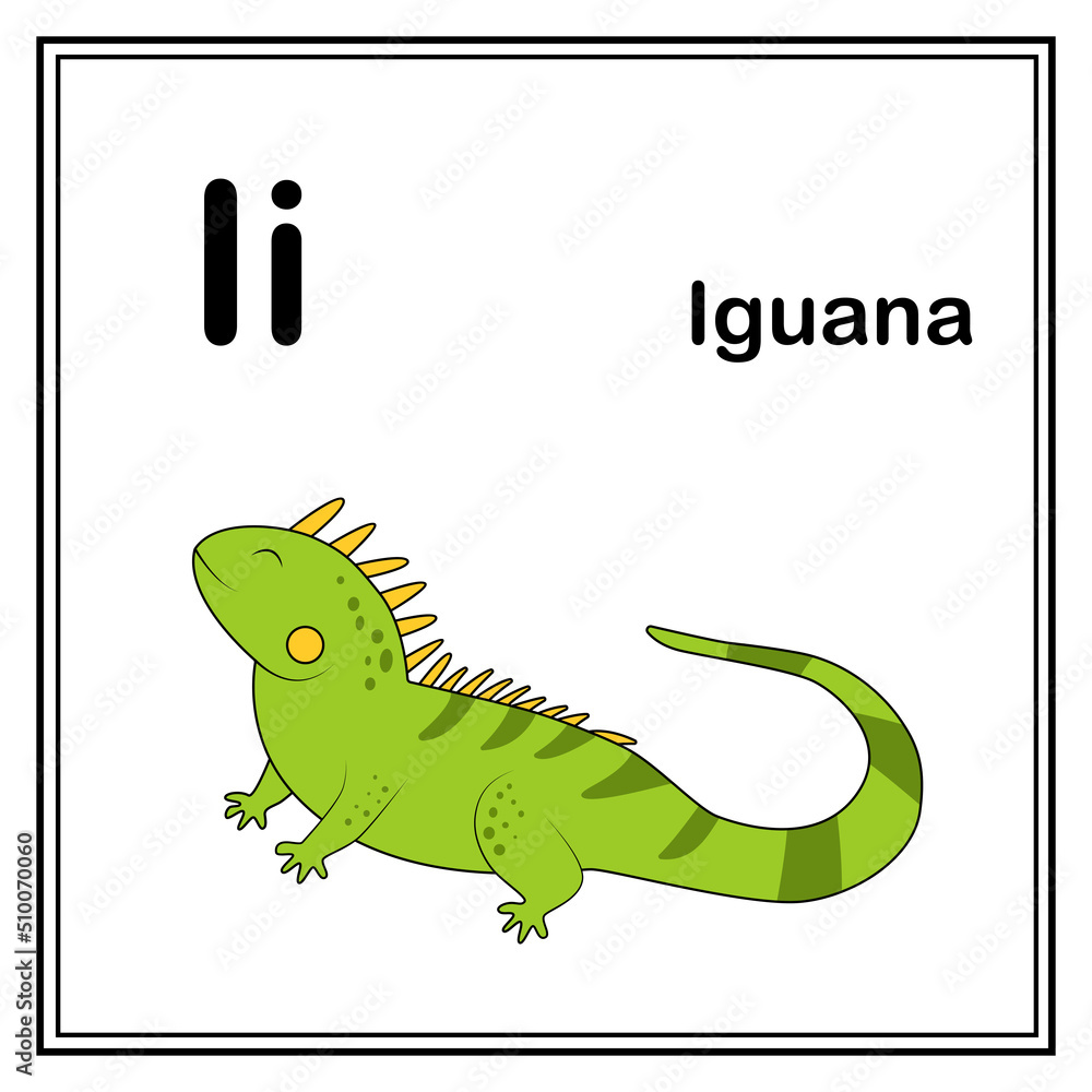 Cute children ABC animal alphabet I letter flashcard of Iguana for kids ...