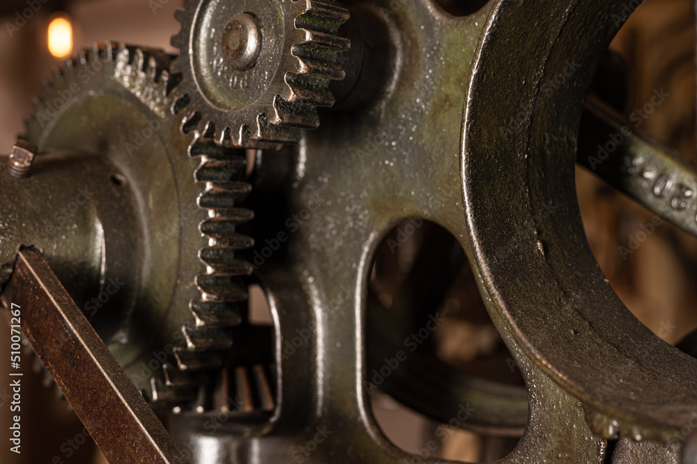 Vintage antique drill press gears and cast iron machines Stock Photo ...