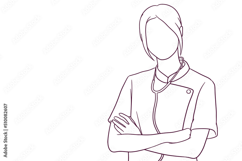 hand drawn beautiful nurse with crossed arm illustration Stock Vector ...