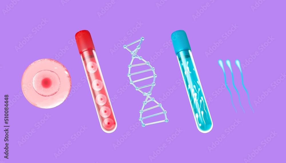 3d illustration of a test tube with eggs,a test tube with spermatozoa ...