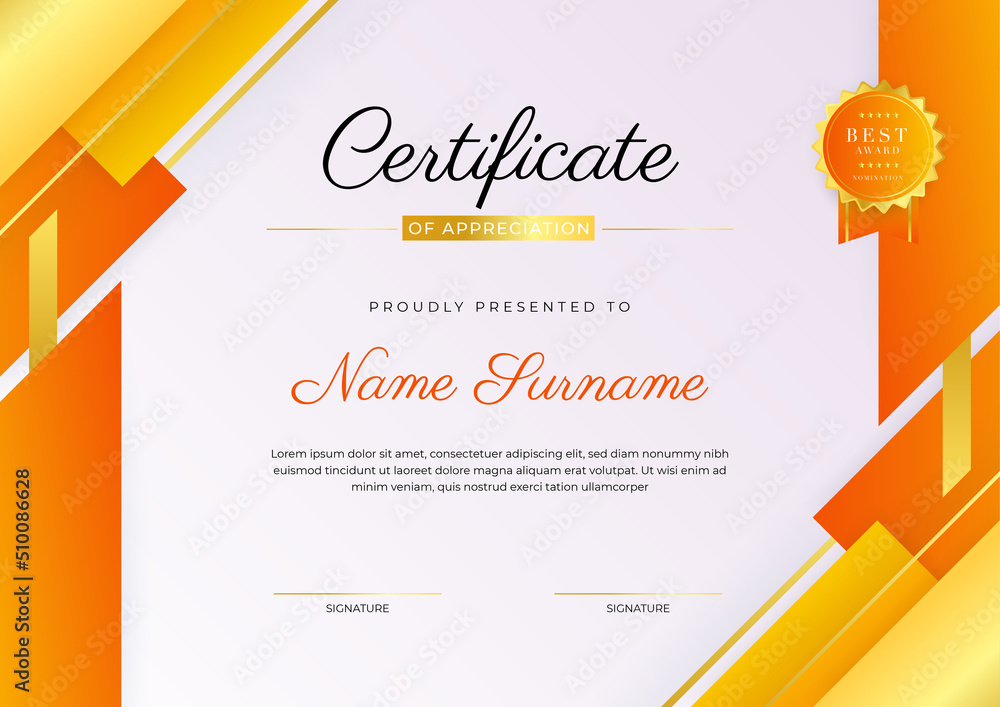 Orange Appreciation and Achievement Certificate Template Design Stock ...