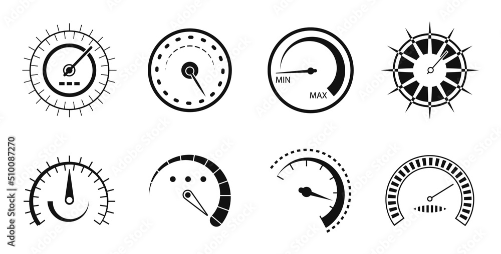 Speedometer icon vector set. Scale meter in outline style. tachometer ...