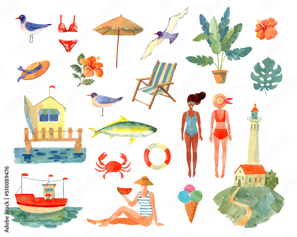 Summer beach collection. Women on the beach, lighthouse, sun umbrella ...