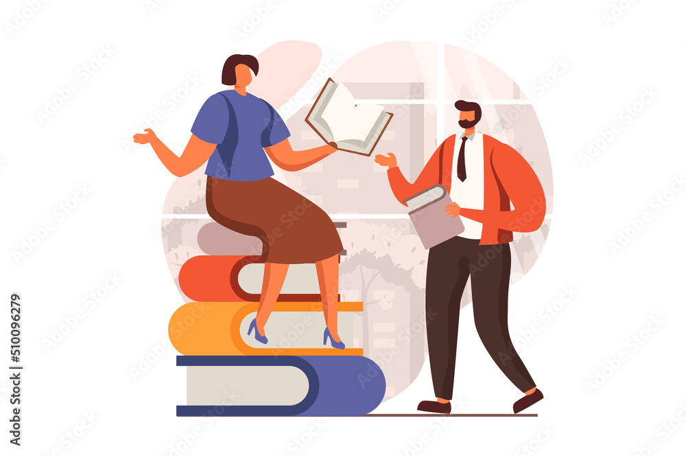 People reading book web concept in flat design. Man and woman reading ...