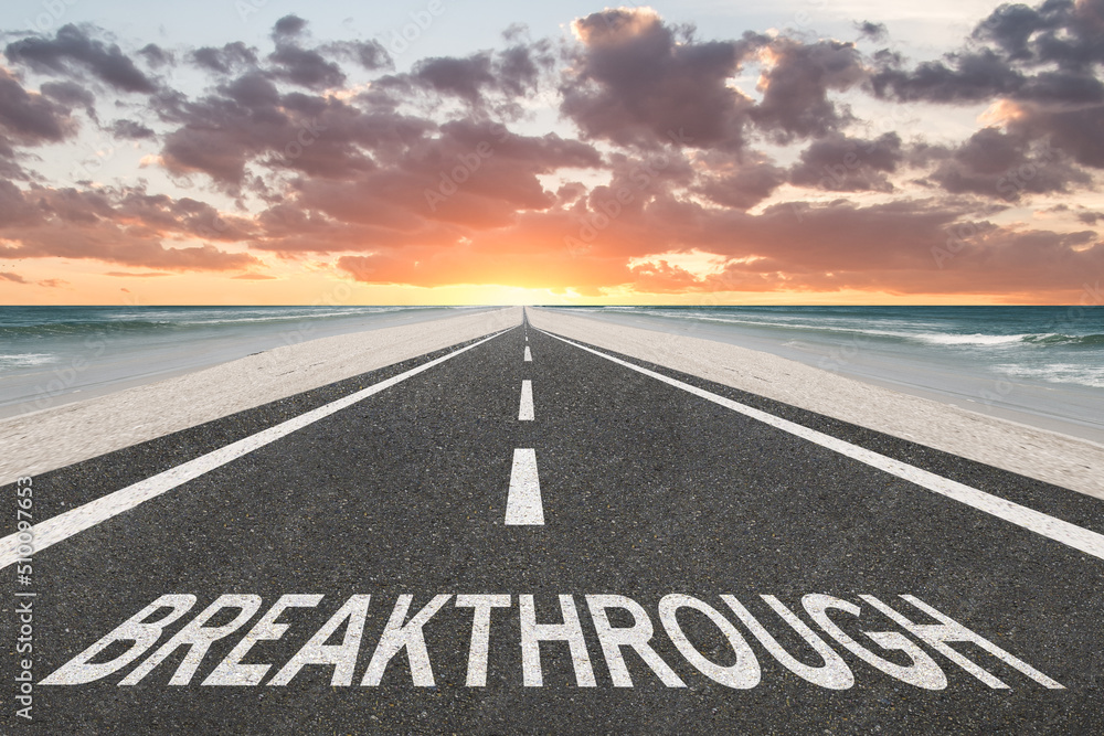 Breakthrough text on hgihway at the beach for new idea concept. Photos ...