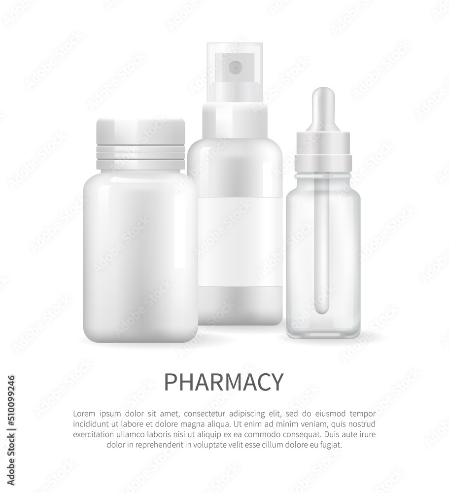 Pharmacy poster with nasal spray and container of capsule pills, ear ...