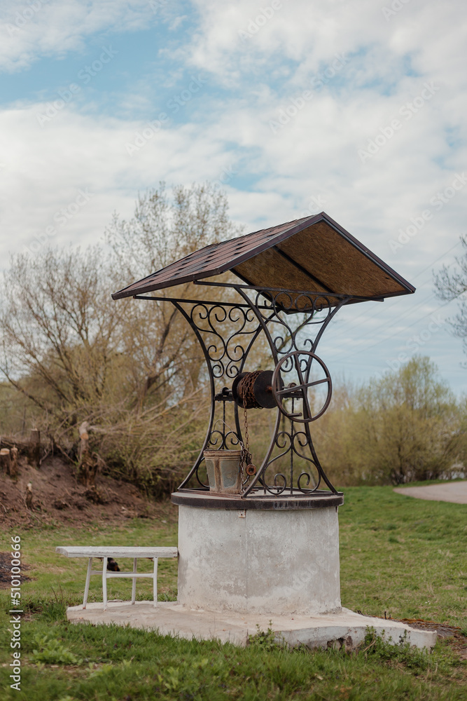 Old well in a village. The old draw well. Hydrotechnical construction ...