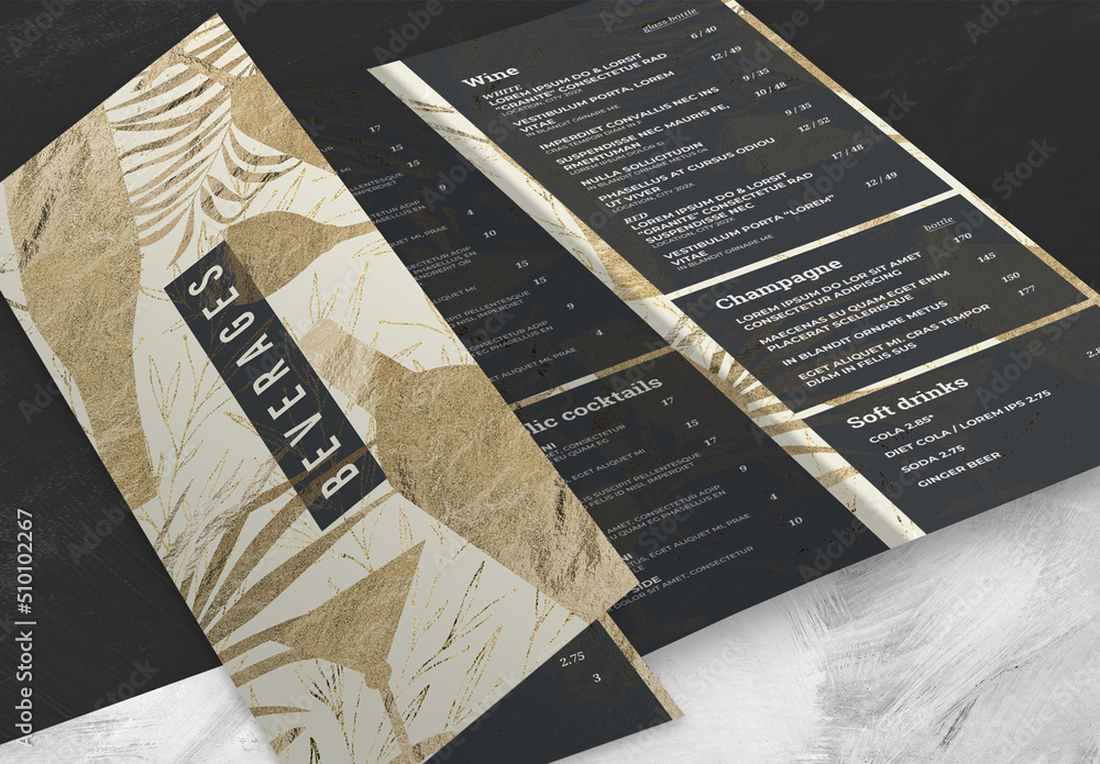 Restaurant Menu Layout in Black & Gold Stock Template | Adobe Stock