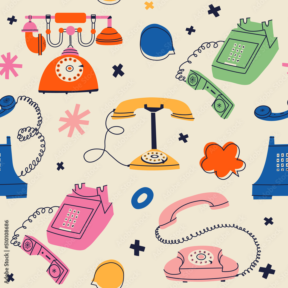 Seamless pattern with vintage telephones. Flat vector pattern wallpaper ...