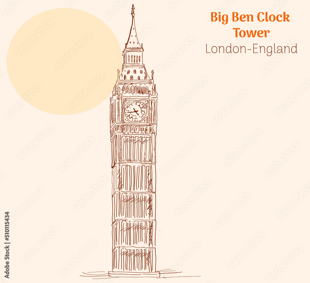 Big Ben Clock Tower london england hand drawing vector illustration ...