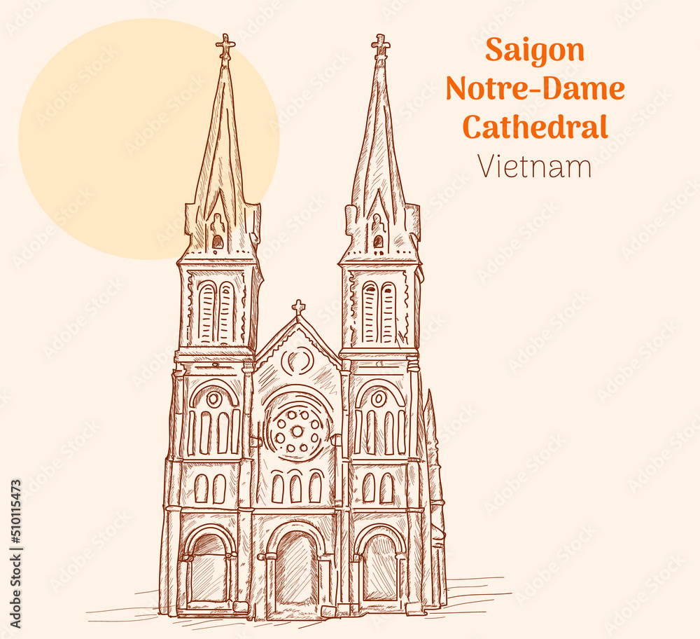 Saigon Notre Dame Cathedral vietnam hand drawing vector illustration ...