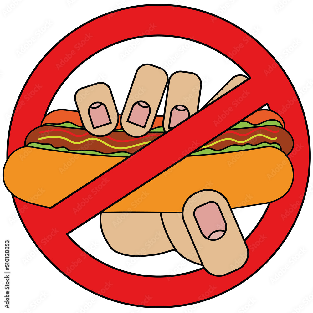 Hand holding hot dog, prohibition sign isolated on white background in ...