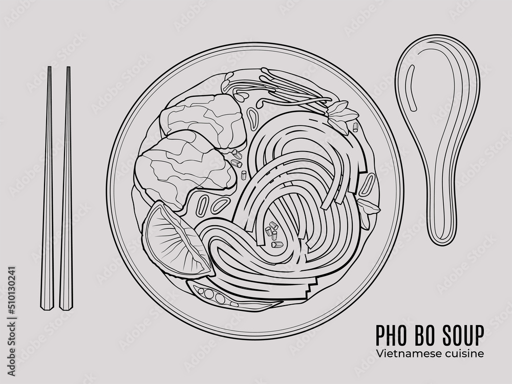 Vietnamese Pho Bo noodles soup. Top view outline doodle style ...