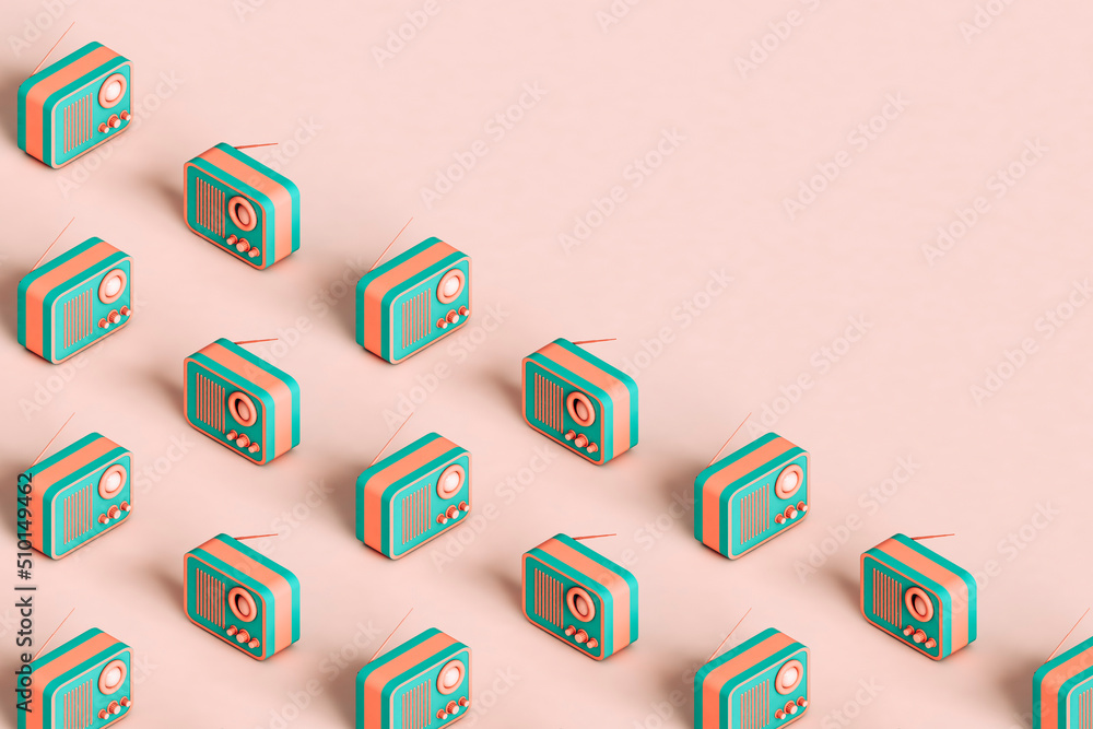 diagonals from vintage colorful radios. 3d render Stock Photo | Adobe Stock
