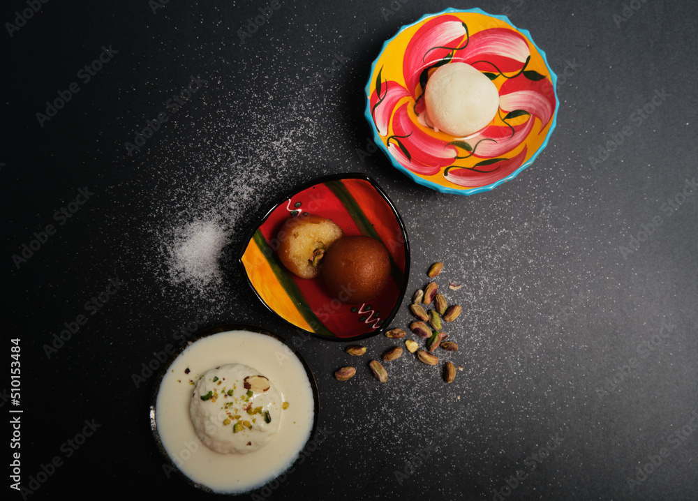 Indian Sweets / Mithai Ras Malai, Rasgulla and Gulab Jamun Stock Photo ...