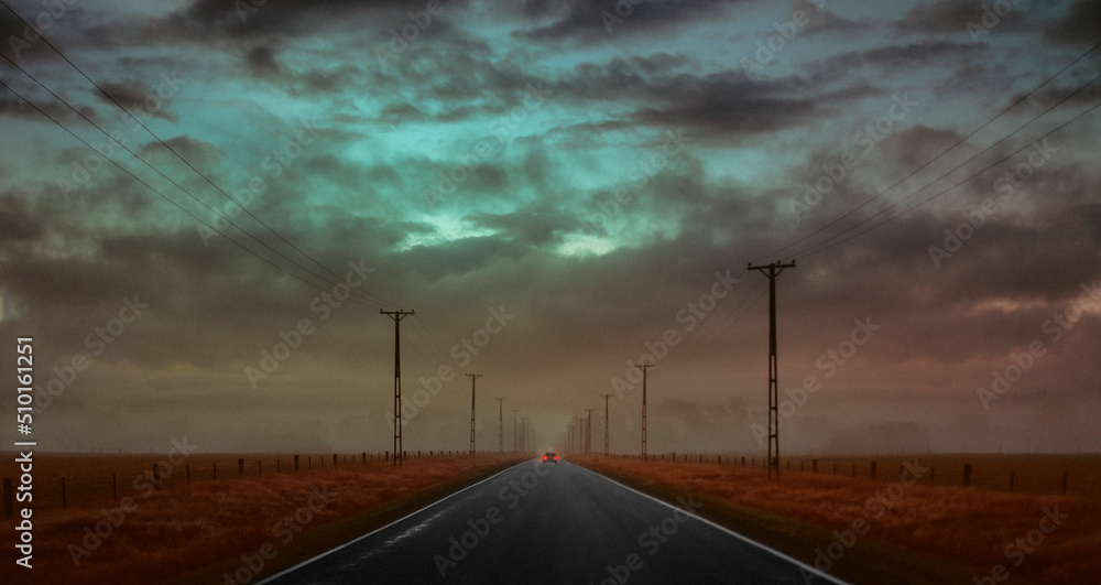 Car driving on dreamy road at cinematic misty scenery Stock Photo ...