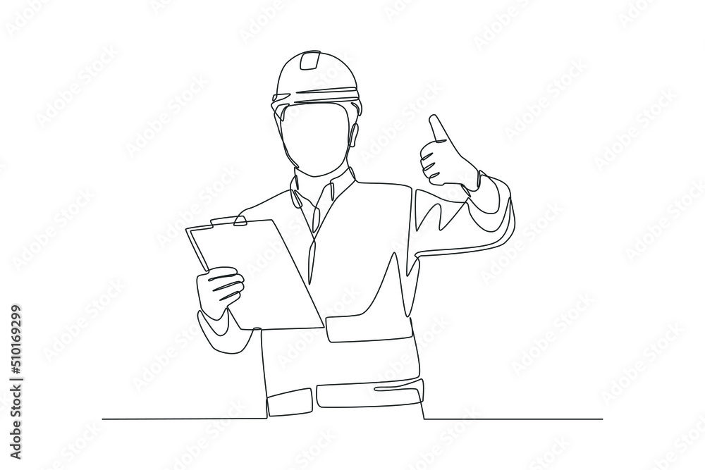 Vecteur Stock Continuous one line drawing construction worker using helmet and showing thumbs up ...