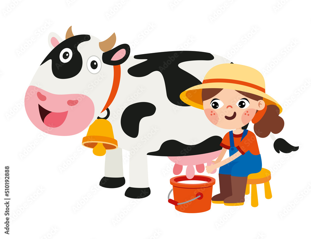 Cartoon Kid Milking A Cow Stock Vector | Adobe Stock