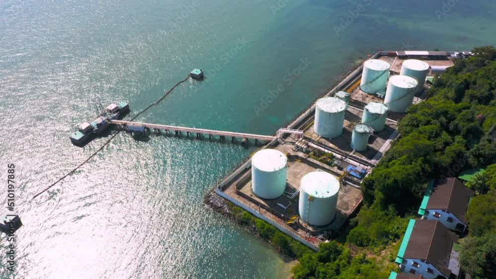 Aerial drone top view of tank farm oil and gas terminal with lots of ...