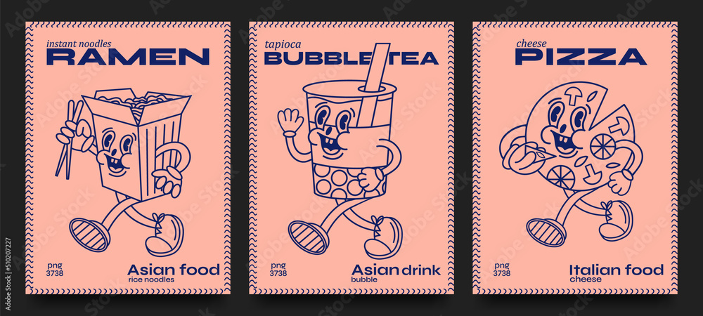 Collection of trendy food posters. Pizza, noodles, bubble tea walk ...
