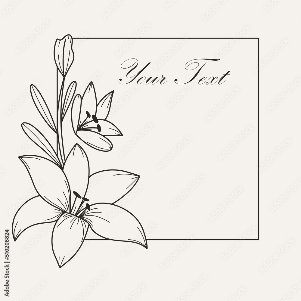 Botanical square frame. Hand drawn round line border, leaves and lily ...