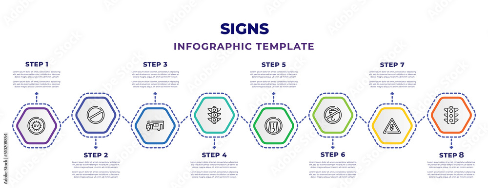 signs infographic design template with uv ray warning, no entry, bus ...