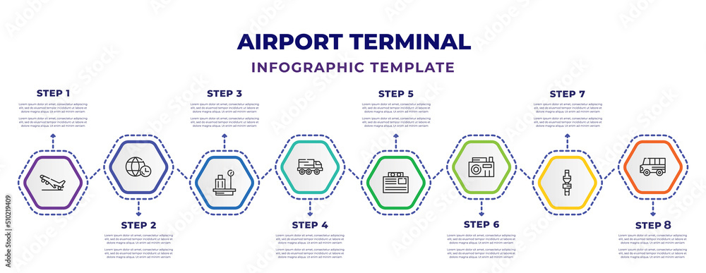 airport terminal infographic design template with plane landing, time ...