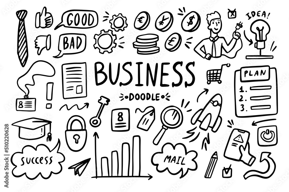 Business doodle vector set. Simple sketch outline marketing icons ...