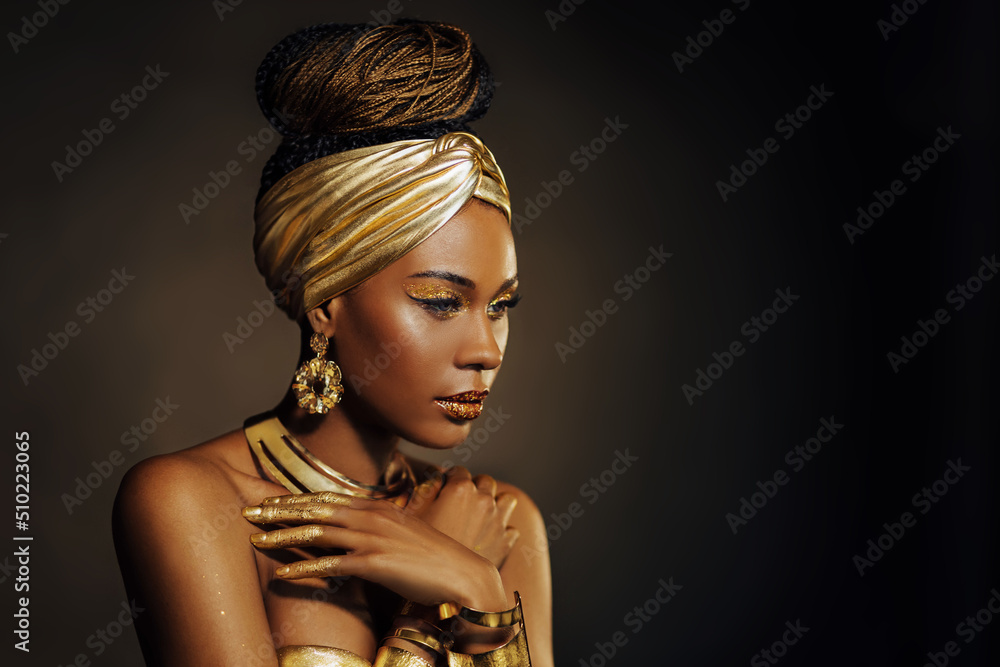 Portrait Closeup Beauty fantasy african woman, face in gold paint ...