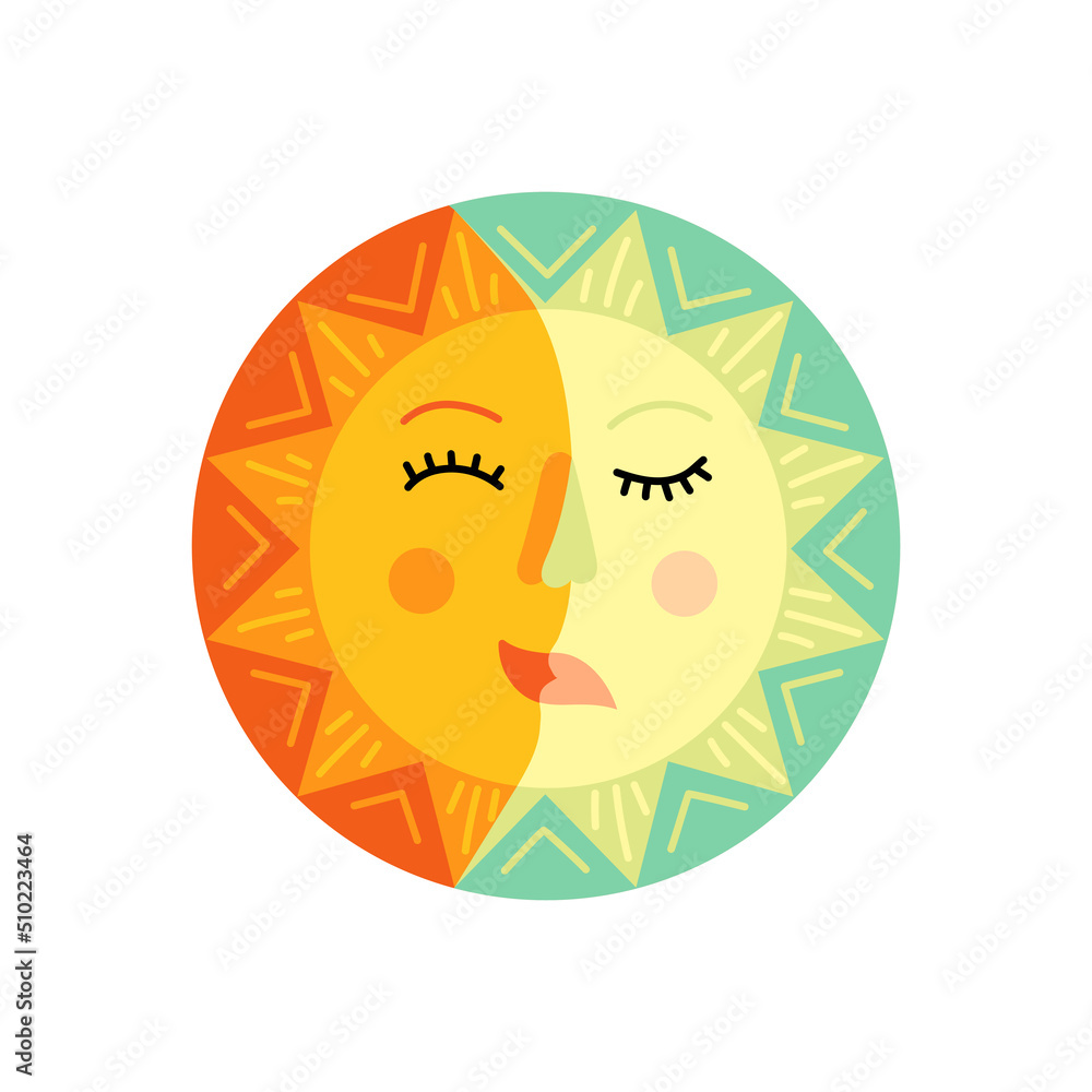 Summer solstice. Sun and moon face symbol on white background Stock ...