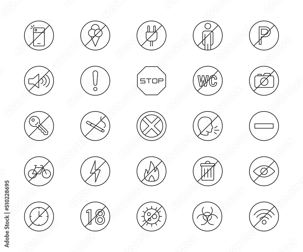 Icon set of warning symbols. Prohibition signs. Flat vector ...