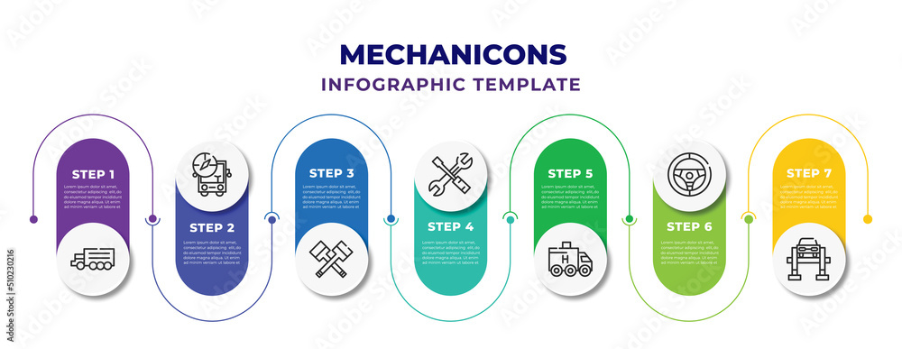 mechanicons infographic design template with truck side view, bus with ...