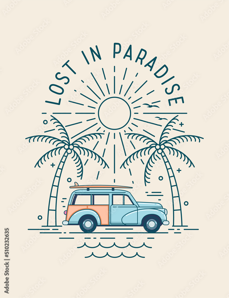 Summer vacation travel illustration with retro car with surfboard on ...