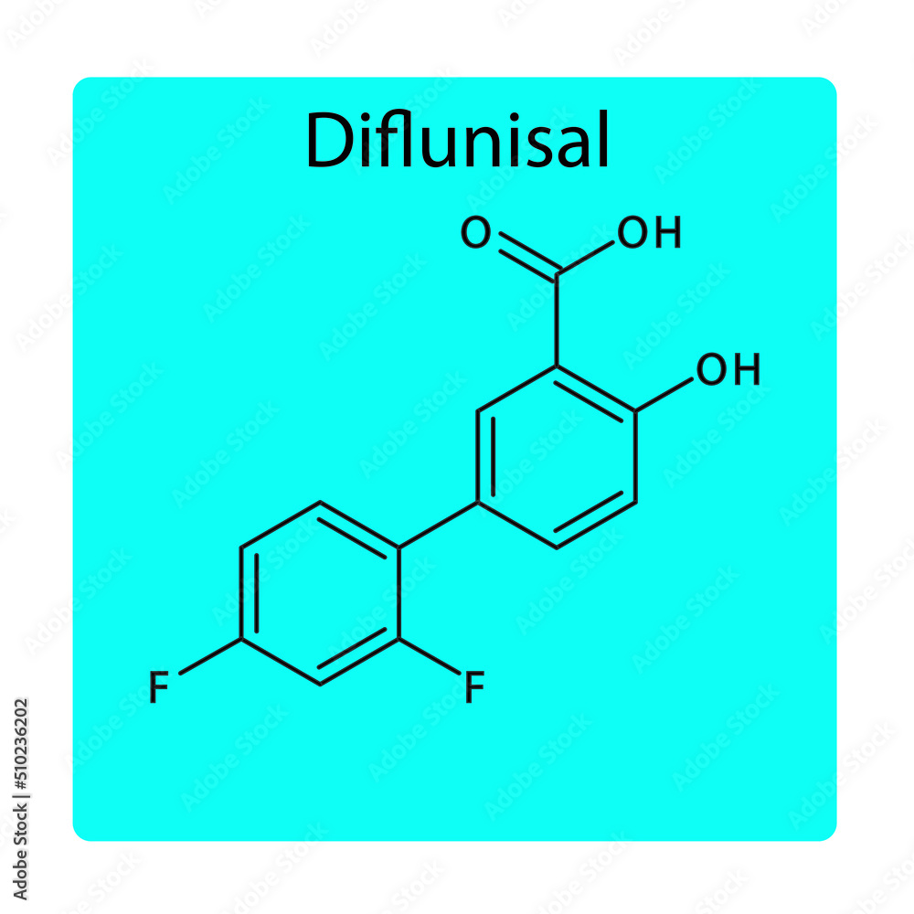 Diflunisal molecular structure, flat skeletal chemical formula. NSAID ...