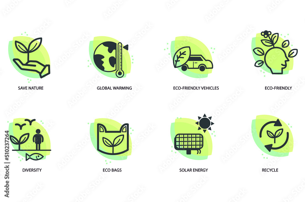 eco icon set, save nature, global warming, eco friendly, diversity, eco ...