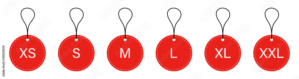 Labels of sizes. Tags of sizes of clothes. Sizes of xl, small, s, xxl ...