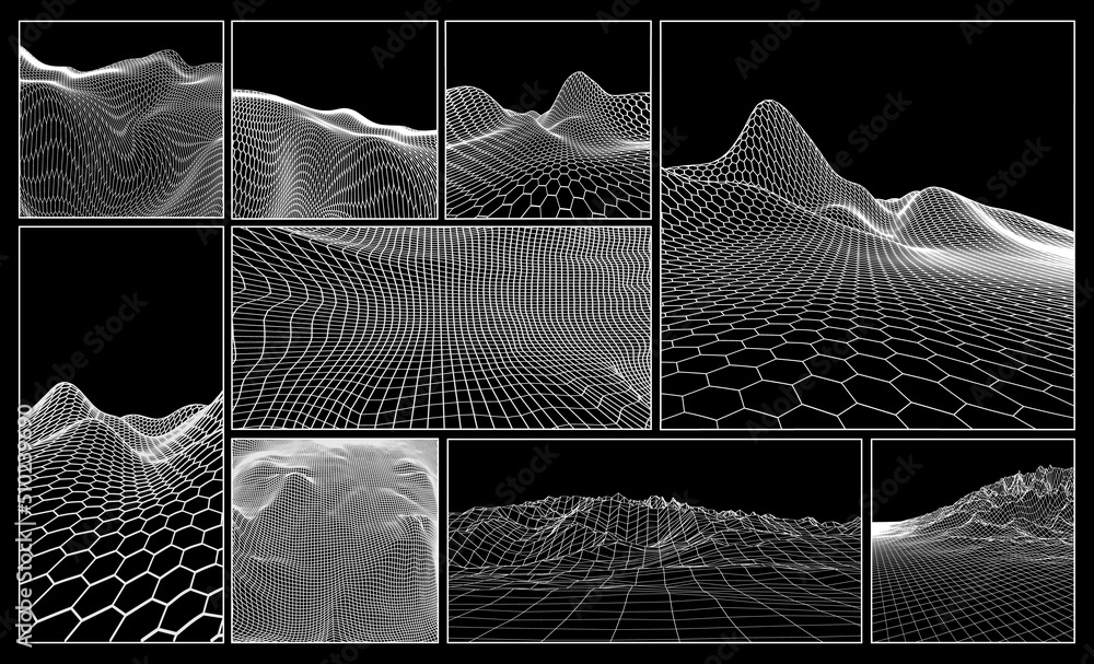 Wireframe landscape backgrounds set. EPS 10 Vector illustration ...