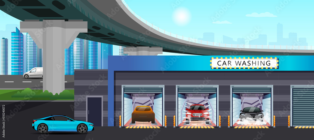 Car wash service station. Automatic carwash in cityscape under bridge ...